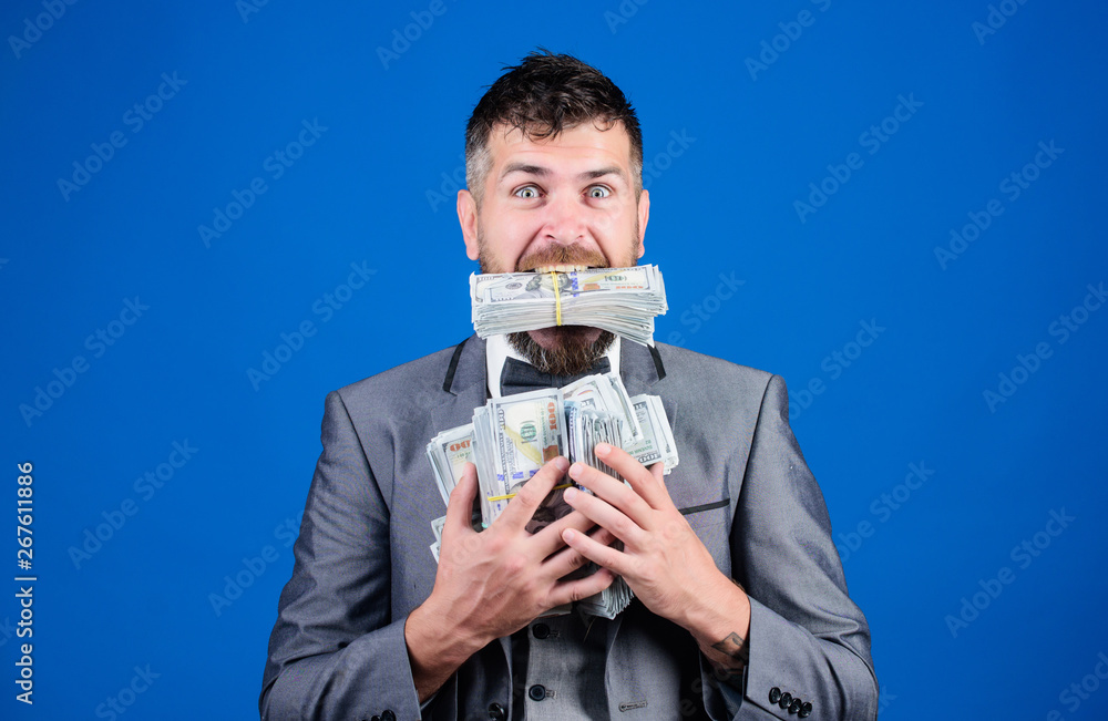 Cash transaction business. Easy cash loan. Man formal suit hold many ...