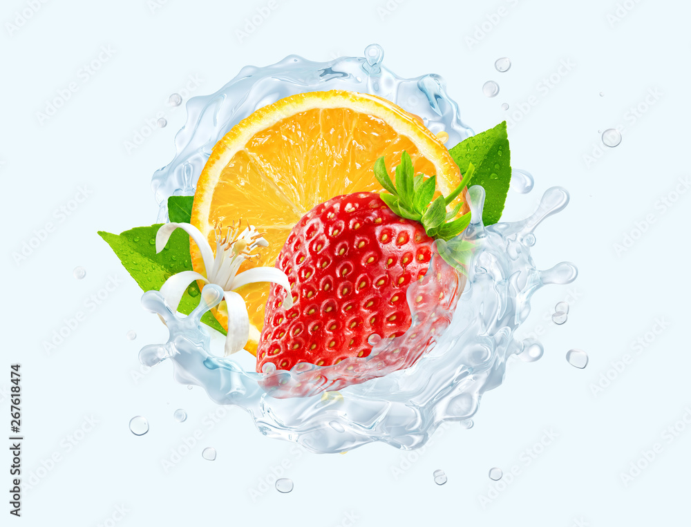 Fresh cold pure flavored water with strawberry and orange wave splash. Clean infused water wave ...