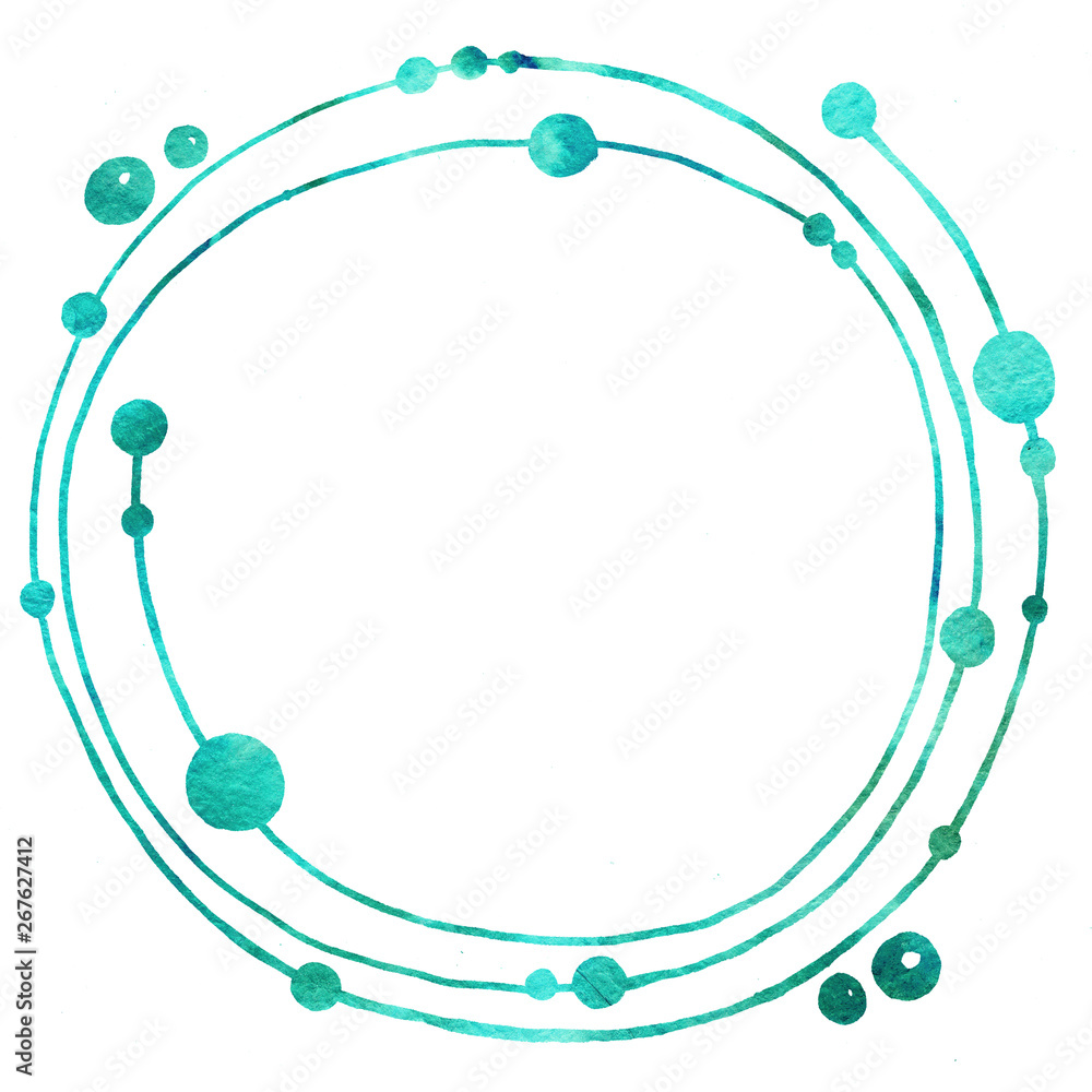 Round frame made of simple elements. Watercolor drawing on a white ...
