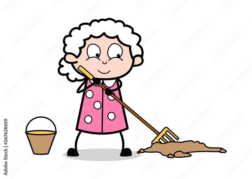 Cleaning Trash - Old Woman Cartoon Granny Vector Illustration Stock ...