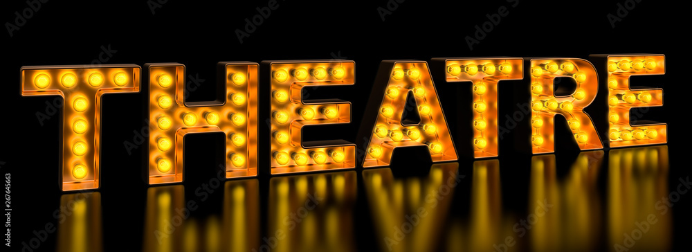 Theatre signboard from golden light bulb letters, retro glowing font ...