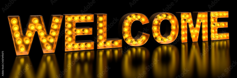 Welcome signboard from golden light bulb letters, retro glowing font ...