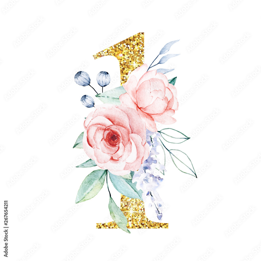 Number 1 with watercolor flowers and leaf. Gold glitter numbers ...