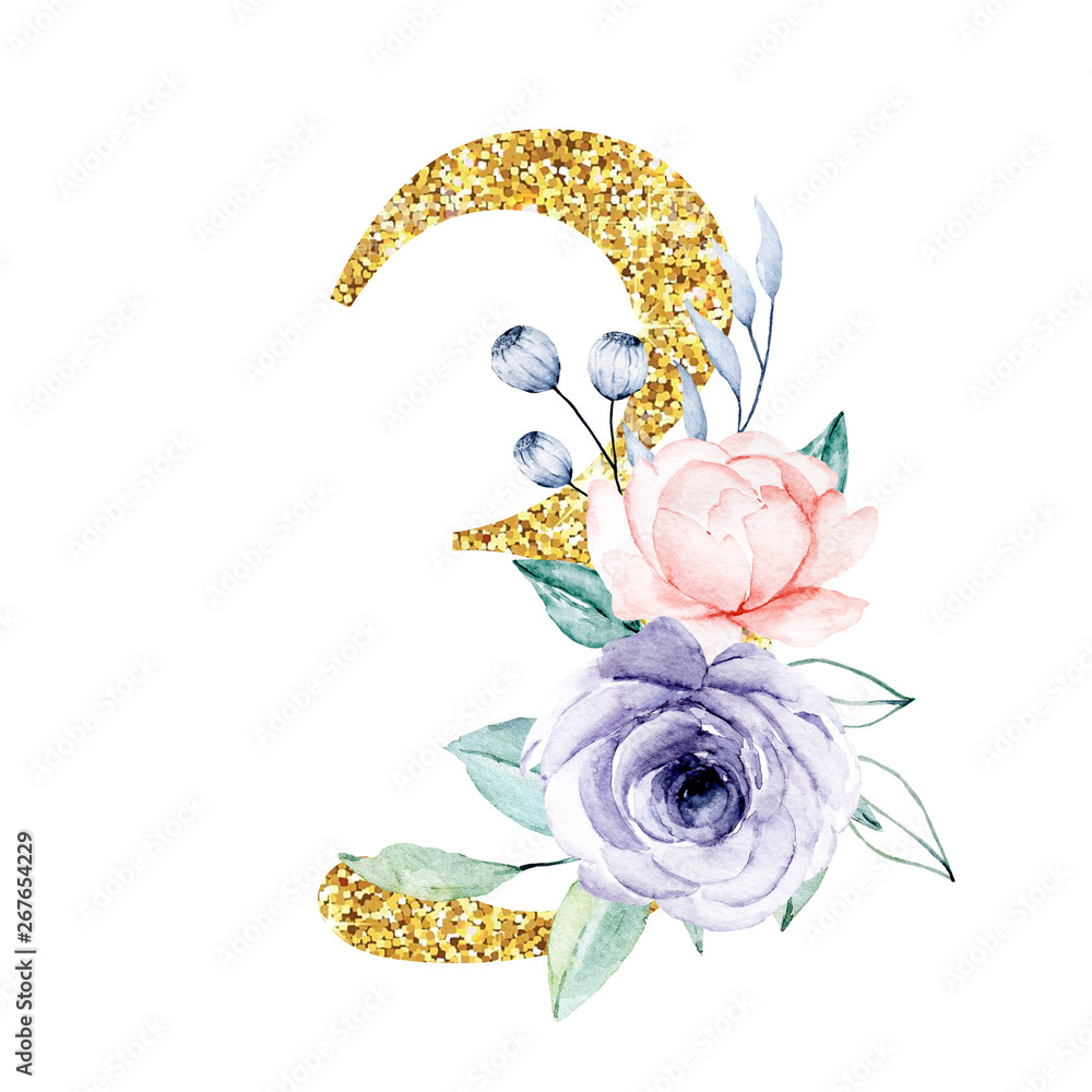 Number 3 with watercolor flowers and leaf. Gold glitter numbers ...