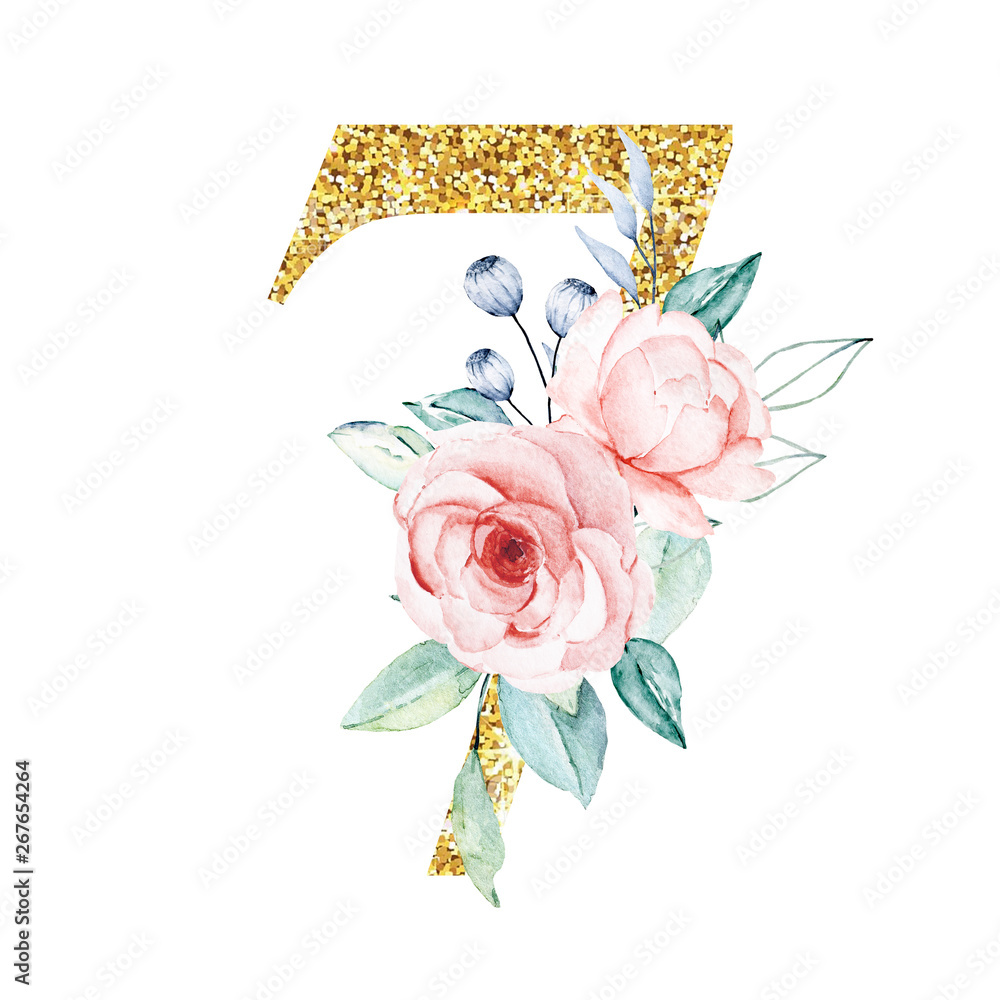 Number 7 with watercolor flowers and leaf. Gold glitter numbers ...