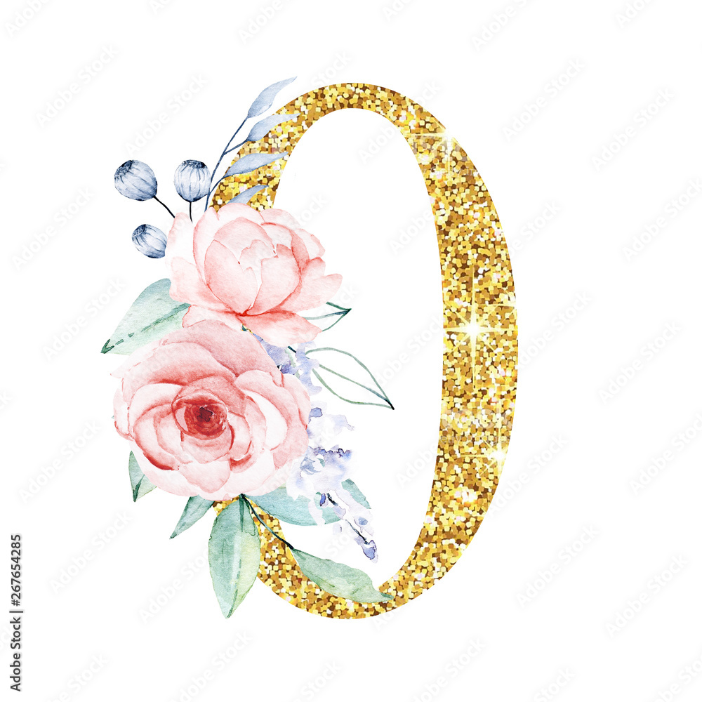 Number 0 with watercolor flowers and leaf. Gold glitter numbers ...