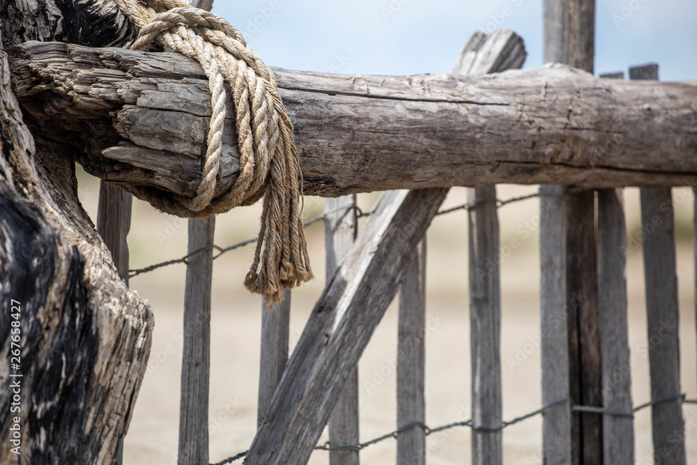 CORDA ANNODATA AD UNA STACCIONATA IN SPIAGGIA Stock Photo | Adobe Stock