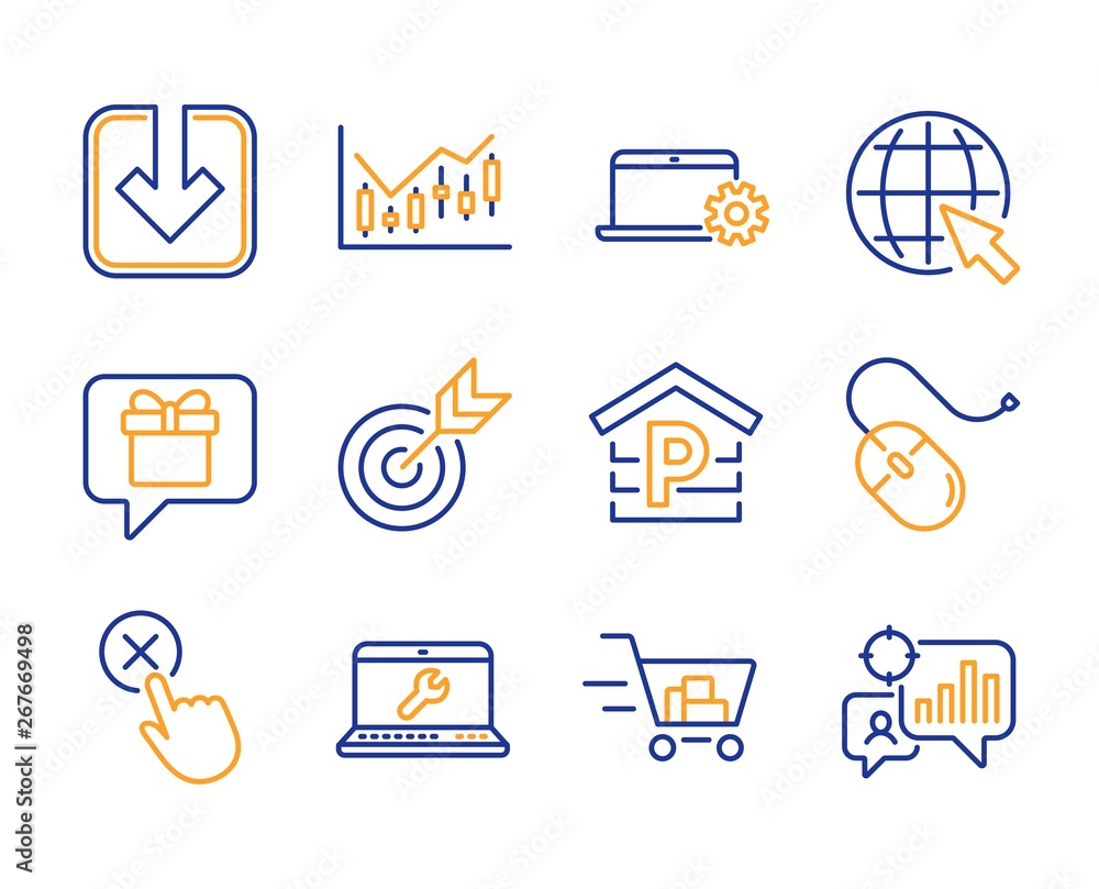 Target, Notebook service and Wish list icons simple set. Load document ...