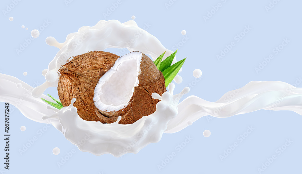 White fresh coconut milk wave splash with coconuts isolated. Glossy ...