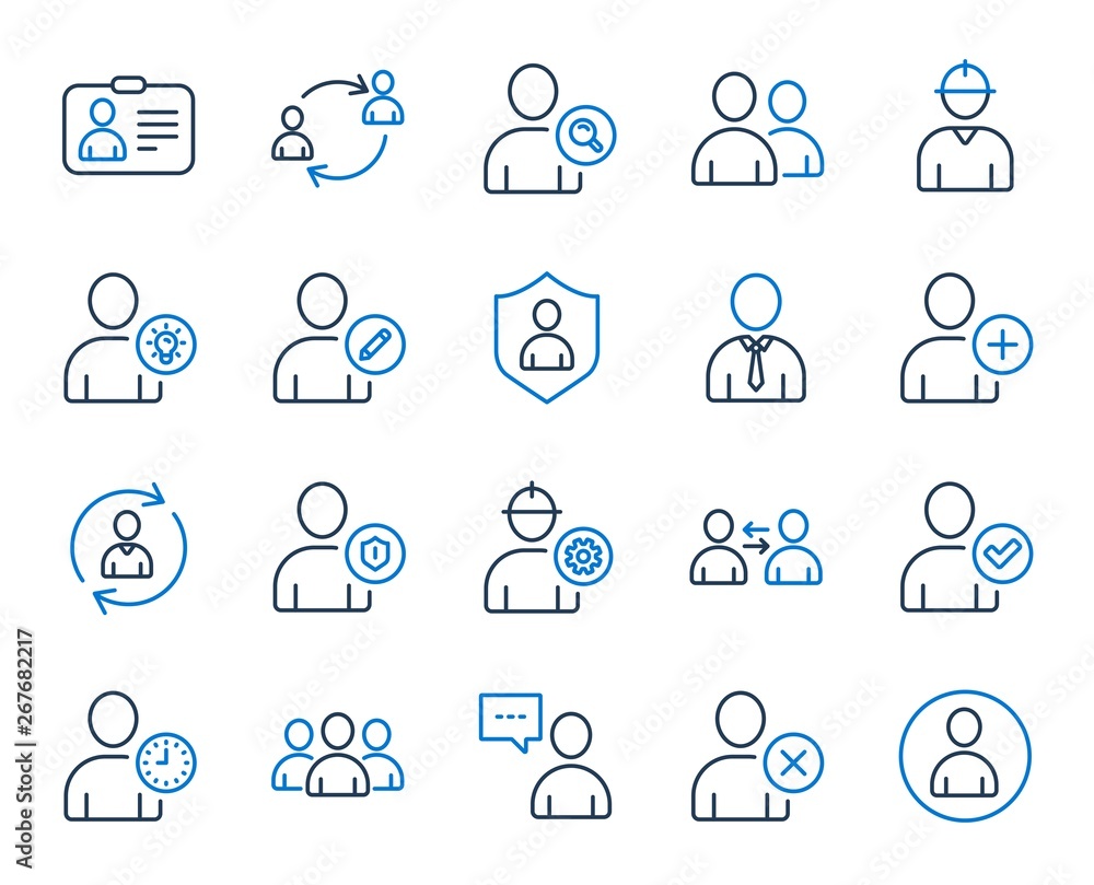 Users line icons. Profile, Group of people and Support signs. ID card ...