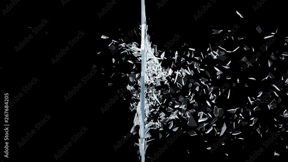 Abstract broken glass into pieces. Wall of glass shatters into small ...
