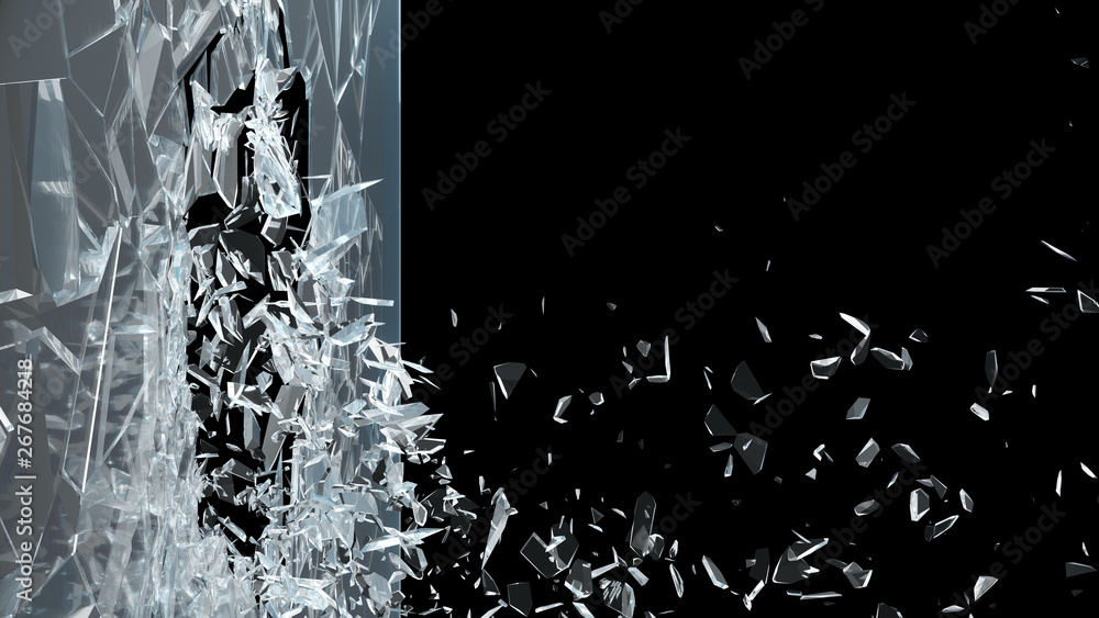 Abstract broken glass into pieces. Wall of glass shatters into small ...