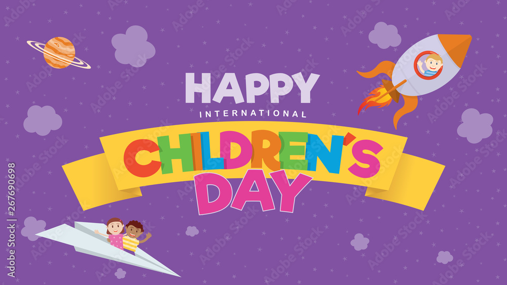 Happy International Children's Day greeting card. Colored letters on a ...