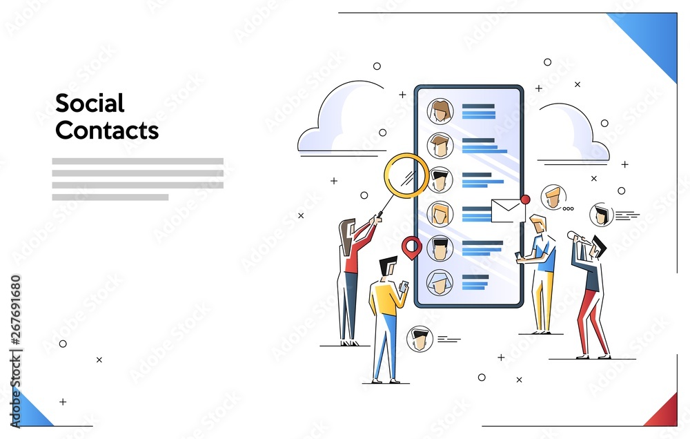 Vector illustration of contact list social network. Flat line art style ...
