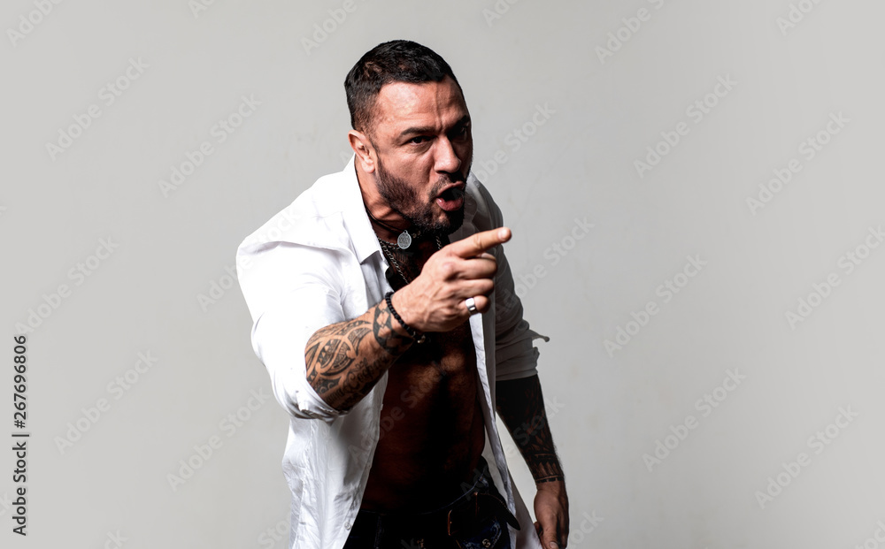 Anger concept. Aggressive man shout with anger. Guy tense face shouting ...