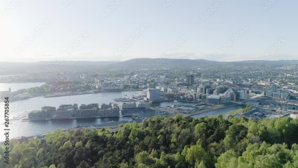 4K aerial of the Oslo city line with a backdrop of downtown Oslo and ...