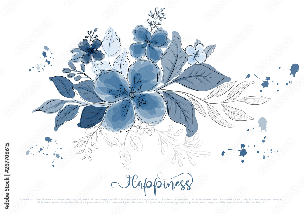 Hand drawn beautiful blue flowers blossom with black line Stock Vector ...