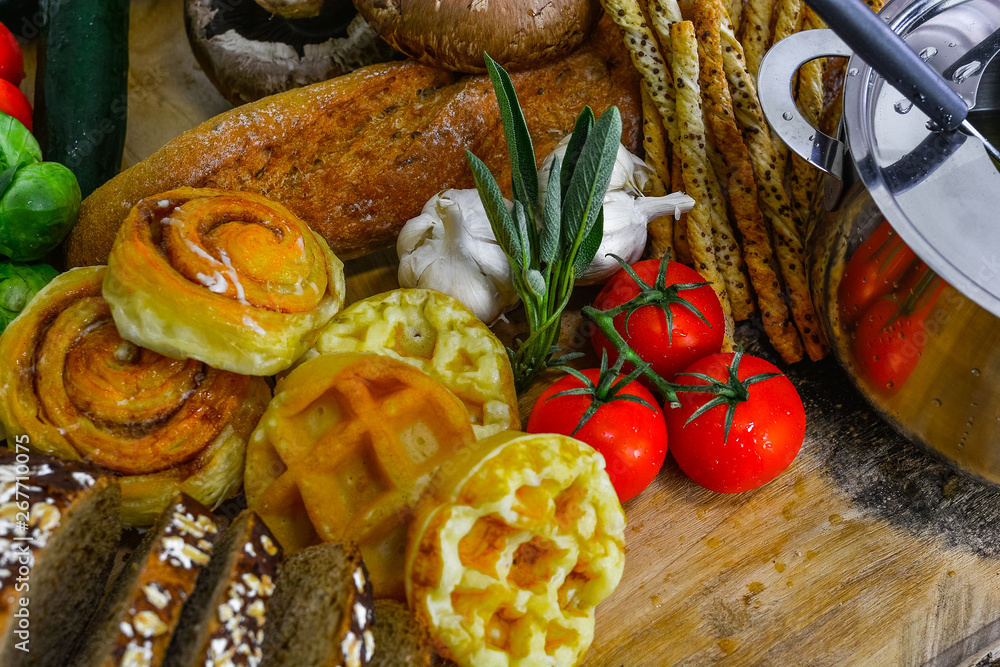 The arrangement of various breads and vegetables is still.Frence ...