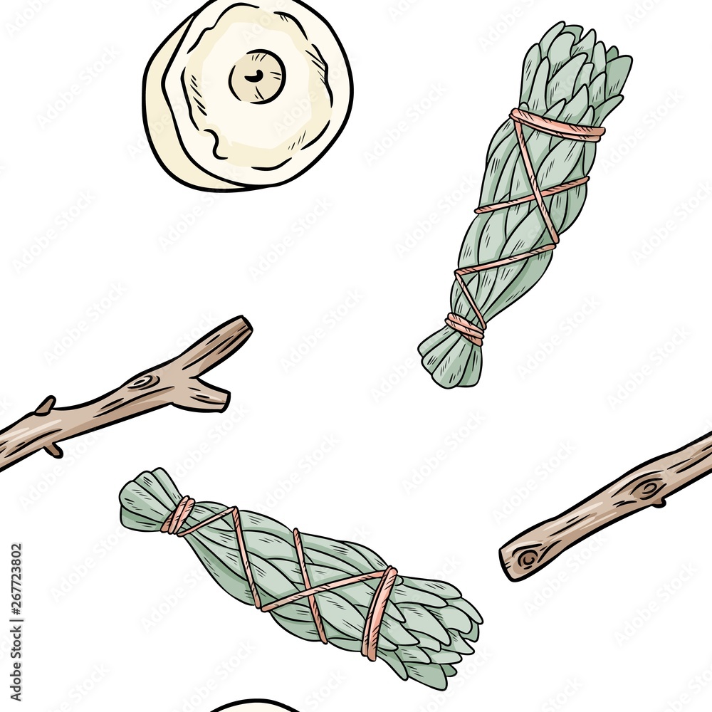 Sage smudge sticks and candles hand-drawn boho seamless pattern. Rustic ...