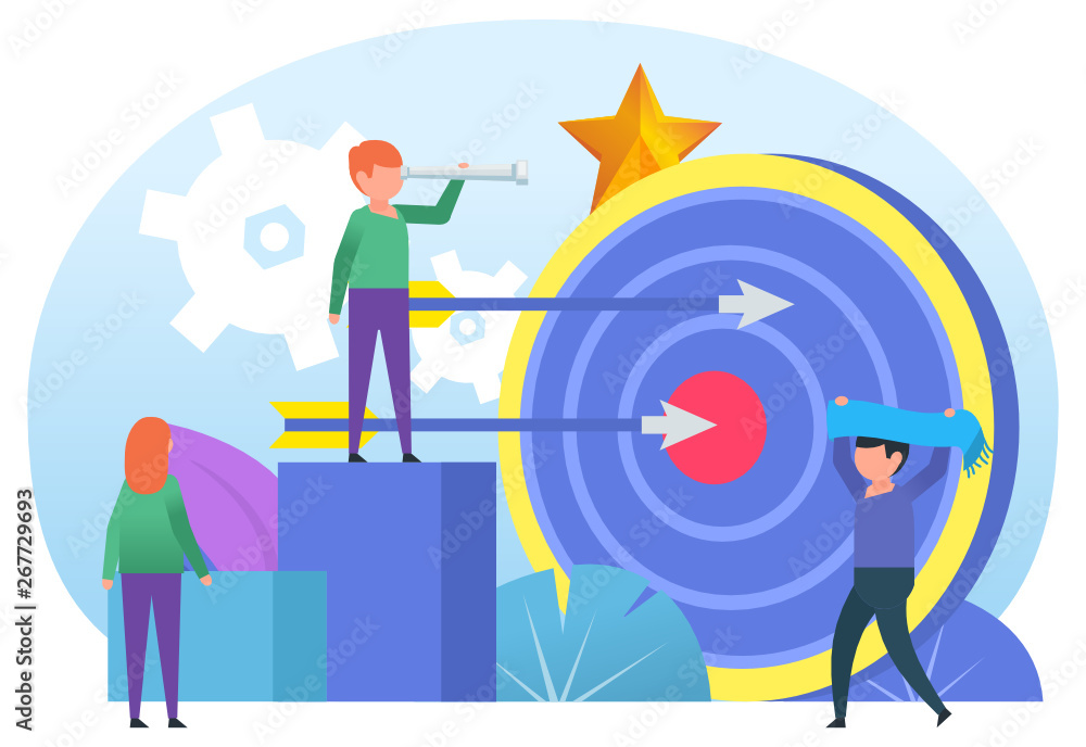 Aim for goal, target, dream. Make business strategy plan. Small people ...