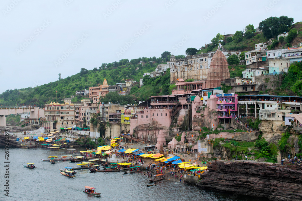 OMKARESHWAR, MADHYA PRADESH, INDIA, August 2018, Tourist and devotees ...