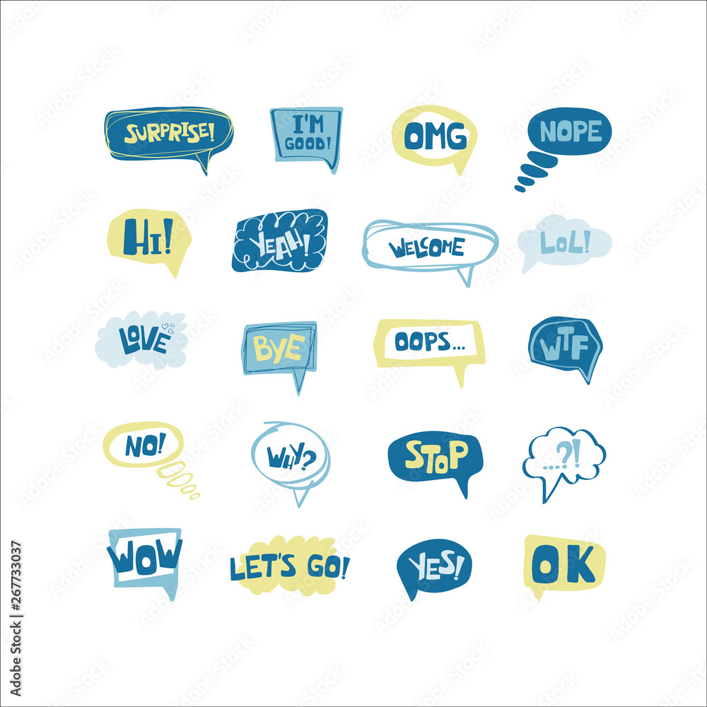 Hand drawn set of speech bubbles with handwritten short phrases yes ...