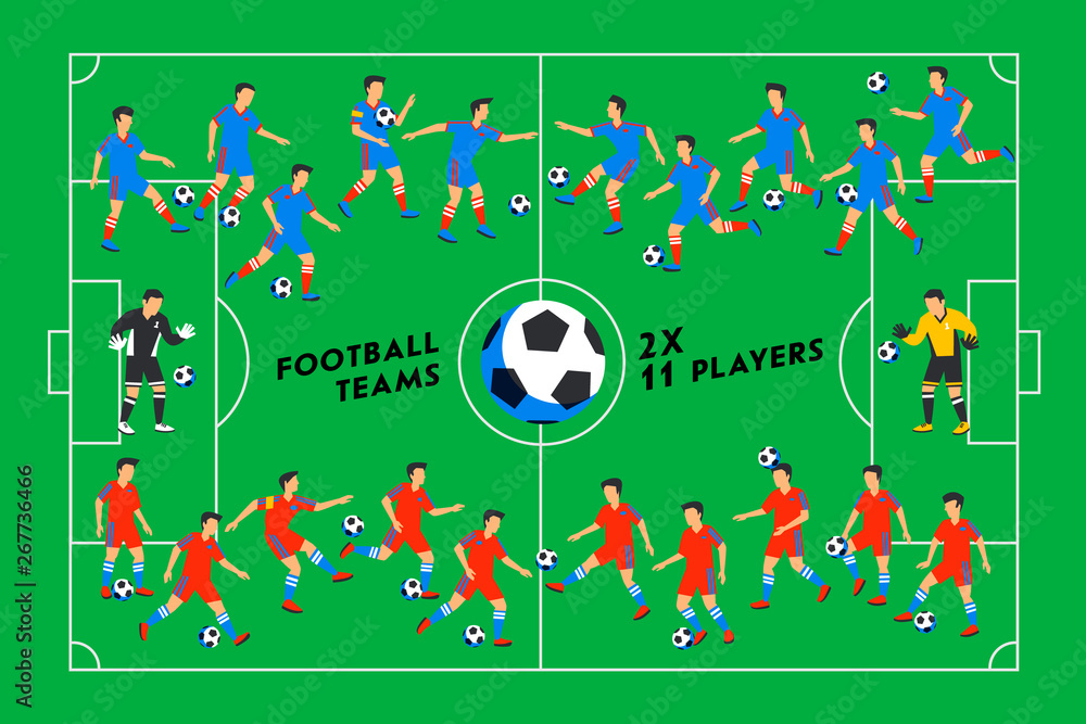 Football players on a green field. Soccer players on different ...