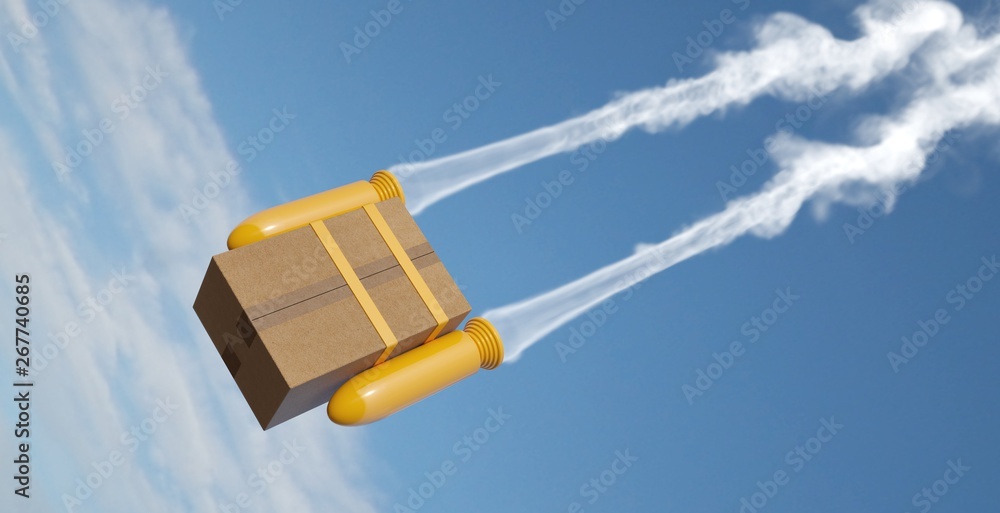 Ultra fast package shipping. Box flying with rockets. Stock Photo ...