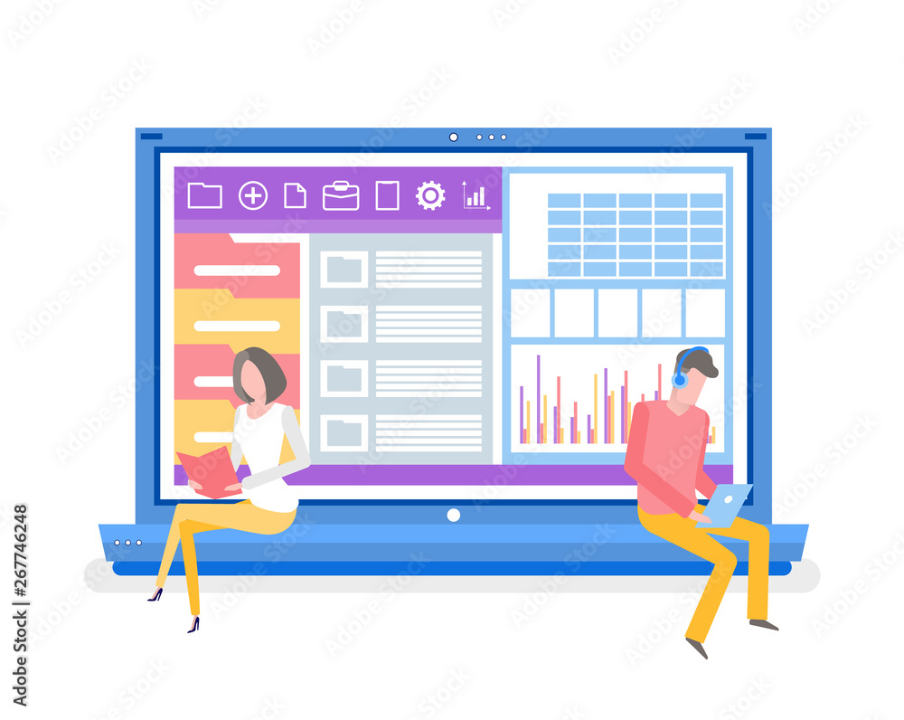 People dealing with infographics on laptop vector, workers with ...