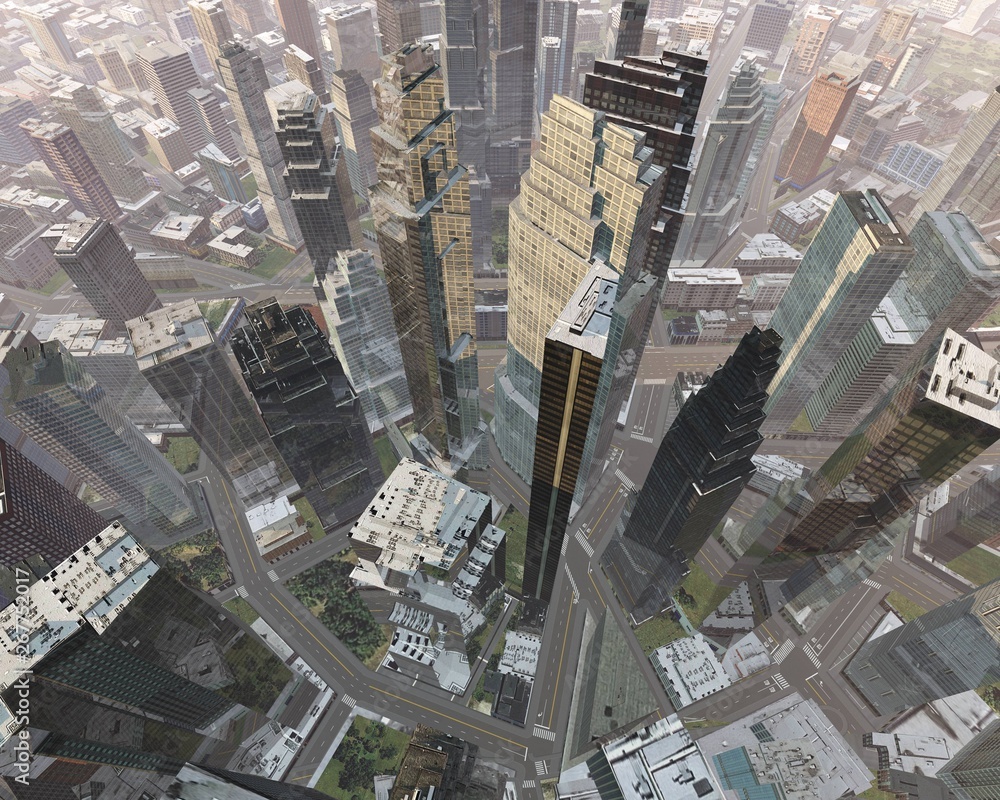 Poster Skyscrapers view from above, modern city in the fog from a ...