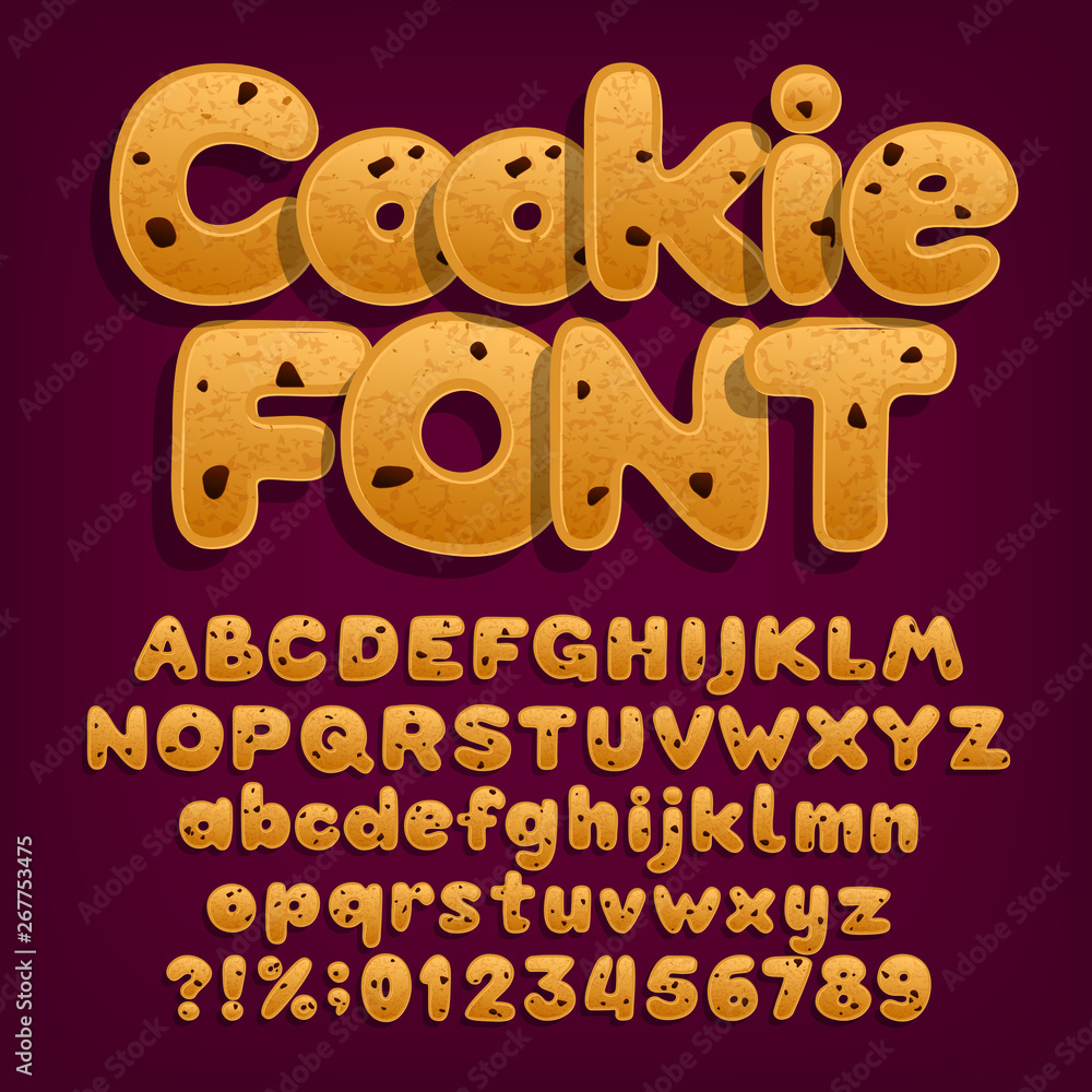 Chocolate cookie alphabet font. Uppercase and lowercase dessert letters ...