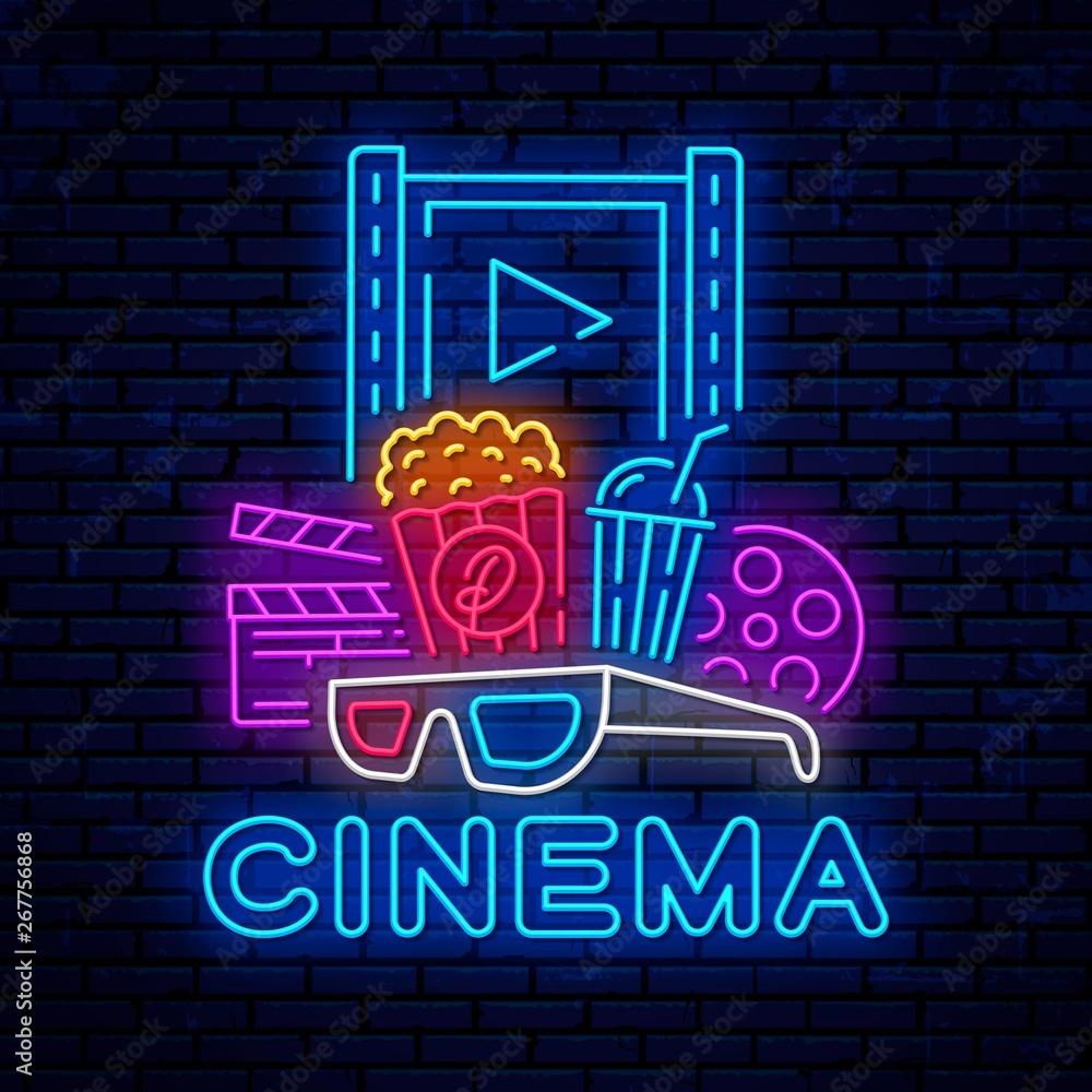 Cinema neon bright night signboard. Vector cinema banner. Bright logo ...