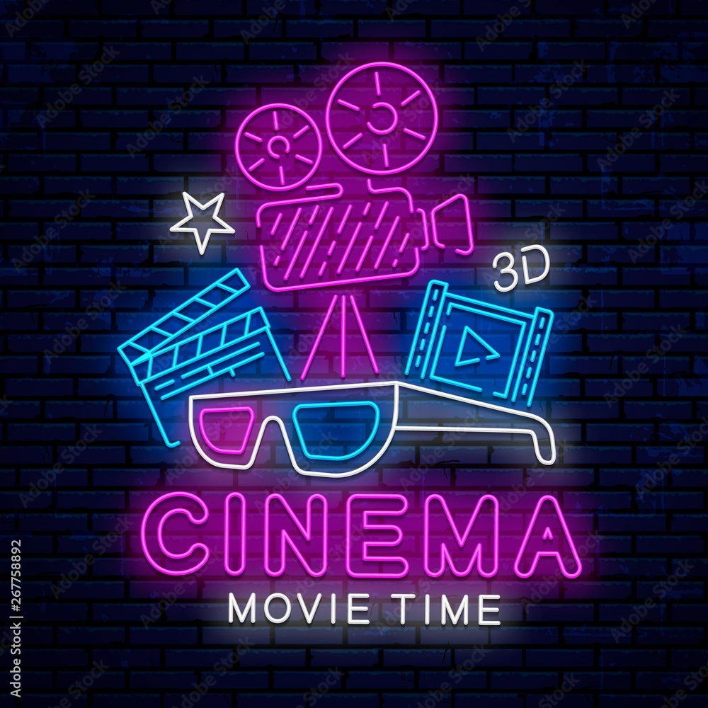 Bright, beautiful neon sign for the cinema. Glowing cinema banner ...