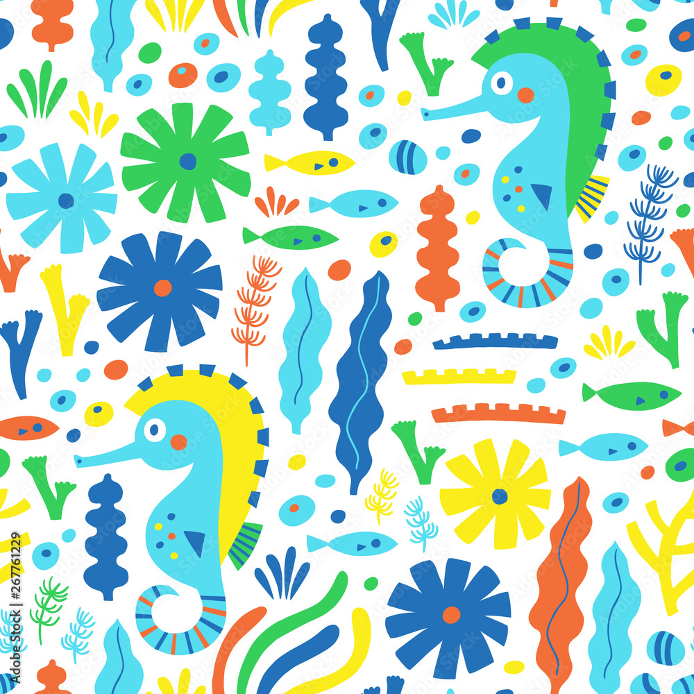 Sea life seamless pattern with sea horse, fish and water plant. Vector ...