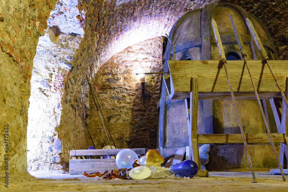 Medieval alchemist’s laboratory interiors: bricked vault equipped with ...