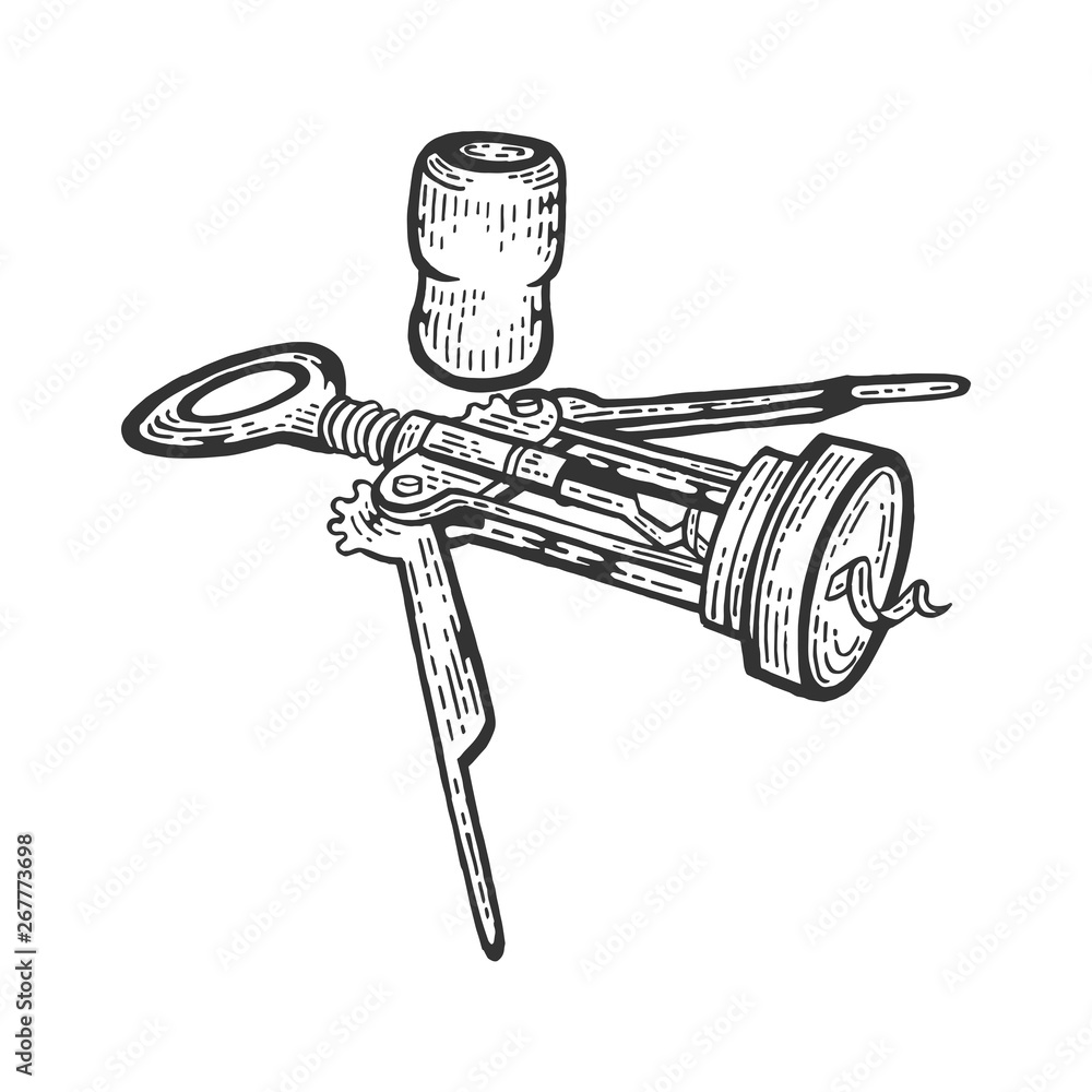 Corkscrew and wine cork sketch engraving vector illustration. Scratch ...