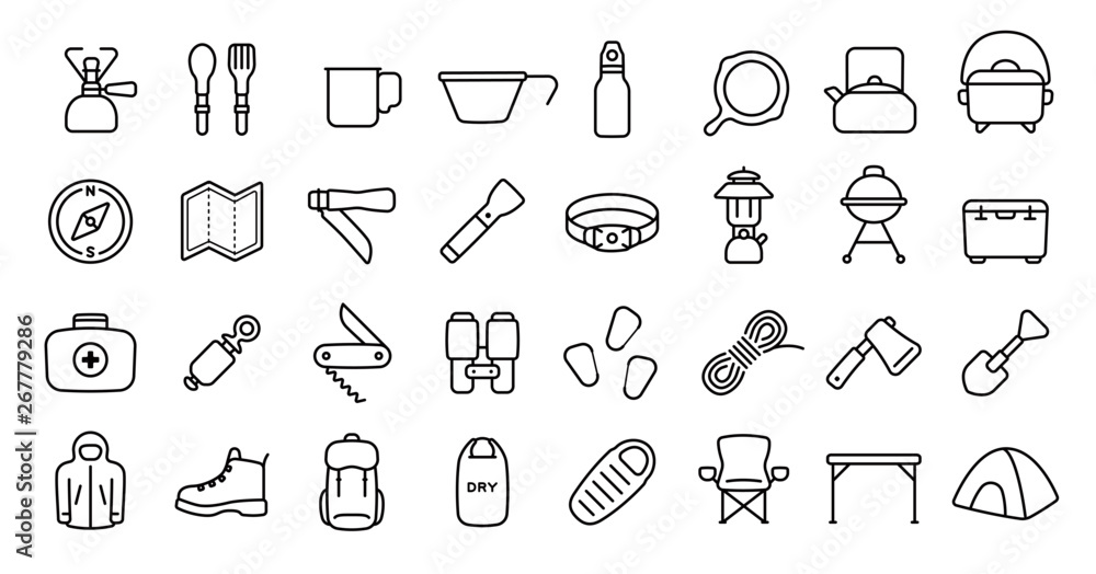 Camping and Outdoor Gear Icon Set (Thin Line Version) Stock Vector ...