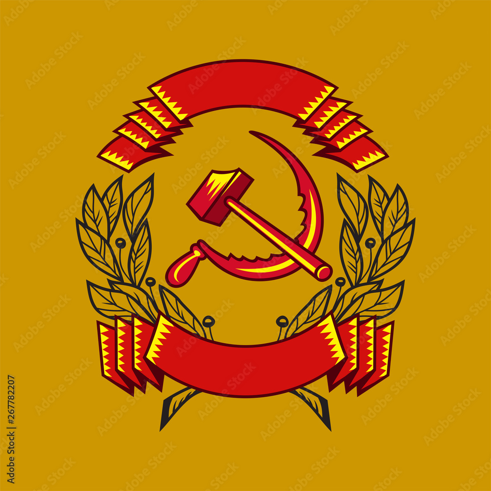 Vector illustration of hammer and sickle red ribbon and Laurel branch ...