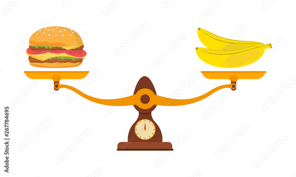 Food rules, fruit and fast food on the scales. Diet, banana and ...