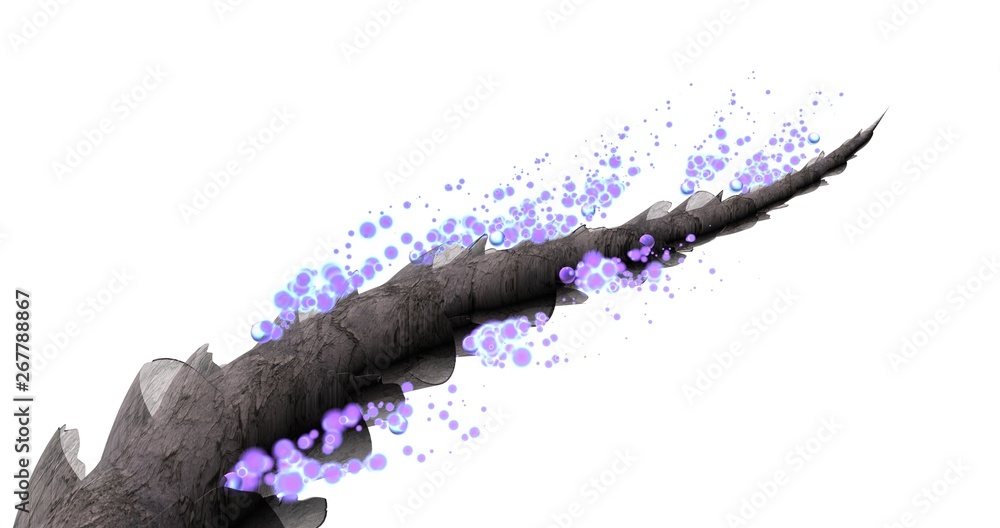 Hair 3d model with open cuticles and purple splashes of drops and ...