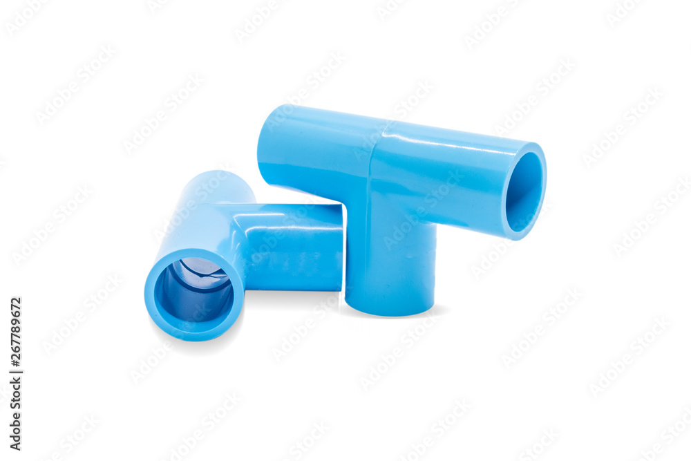 Blue pvc plastic pipe T-joint fitting connect 3 pipe isolated white ...