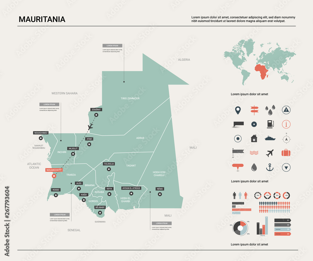 Vector map of Mauritania. Country map with division, cities and capital ...