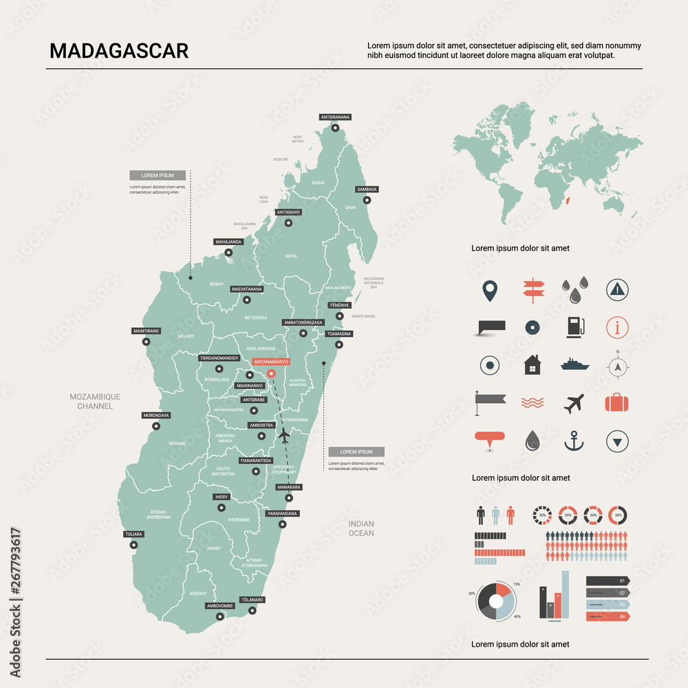 Vector map of Madagascar. Country map with division, cities and capital ...