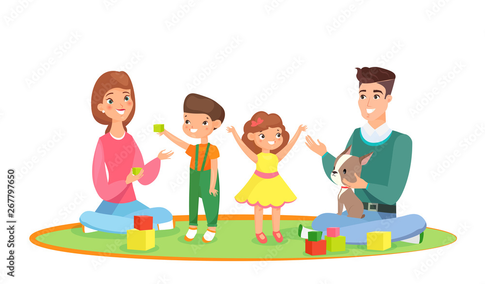 Vector illustration of young family with kids home playing on the ...