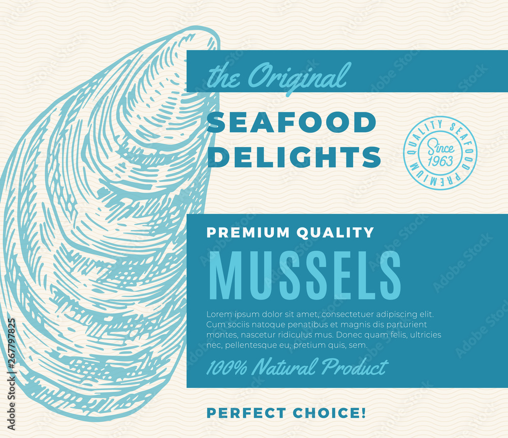 Premium Quality Seafood Delights. Abstract Vector Packaging Design or ...