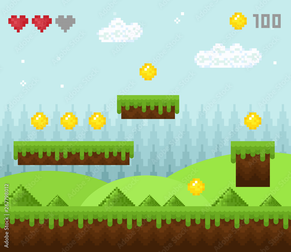 Vector illustration of retro style pixel game landscape, pixelated game ...