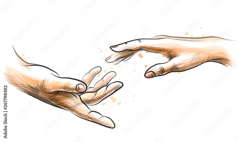 Male and female hand outstretched to touch. Sketchy vector illustration ...