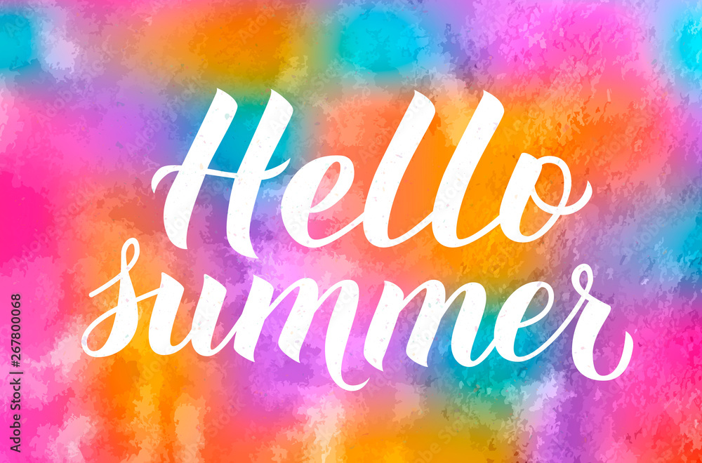 Hello summer calligraphy lettering on colorful watercolor background ...