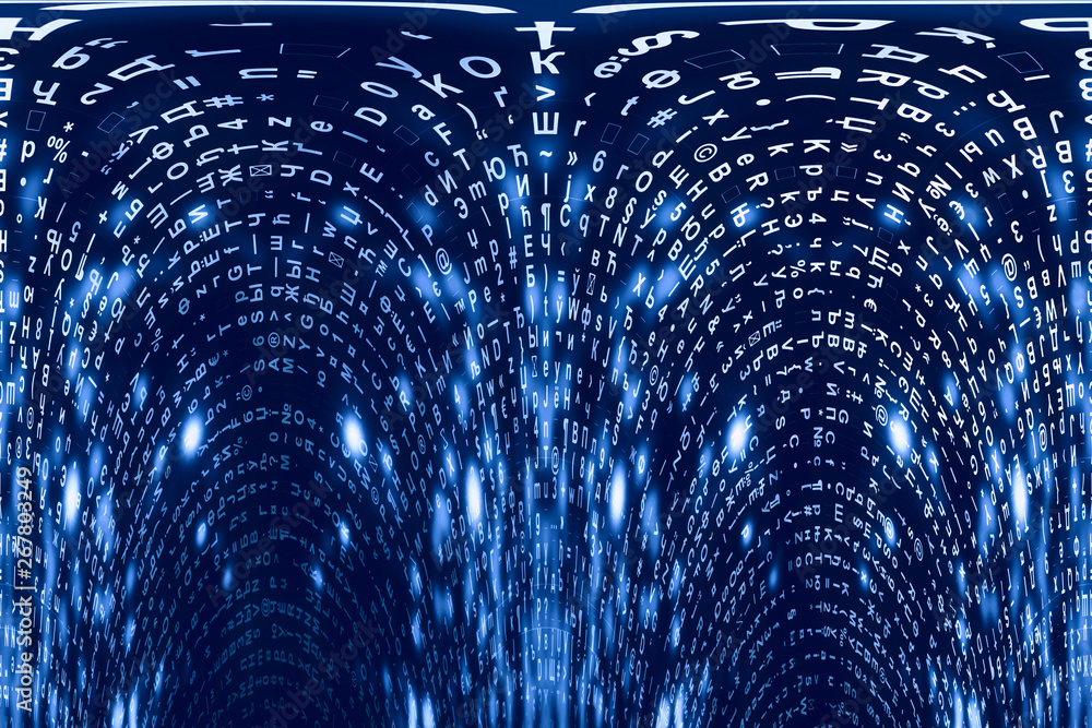Blue matrix digital background. Distorted cyberspace concept. Characters fall down. Matrix from ...