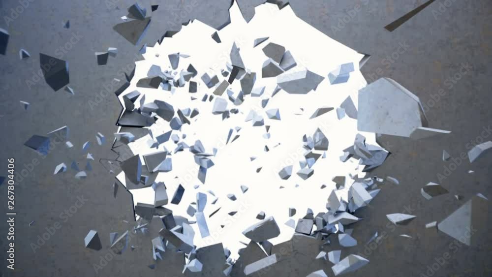Concrete wall flying into small pieces. Cracked earth. Slow motion ...
